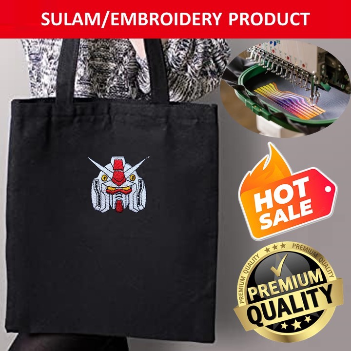 RX-7800 GUNDAM HEAD GUNDAM ANIME EMBROIDERY SULAM BLACK CANVAS TOTE BAG ...