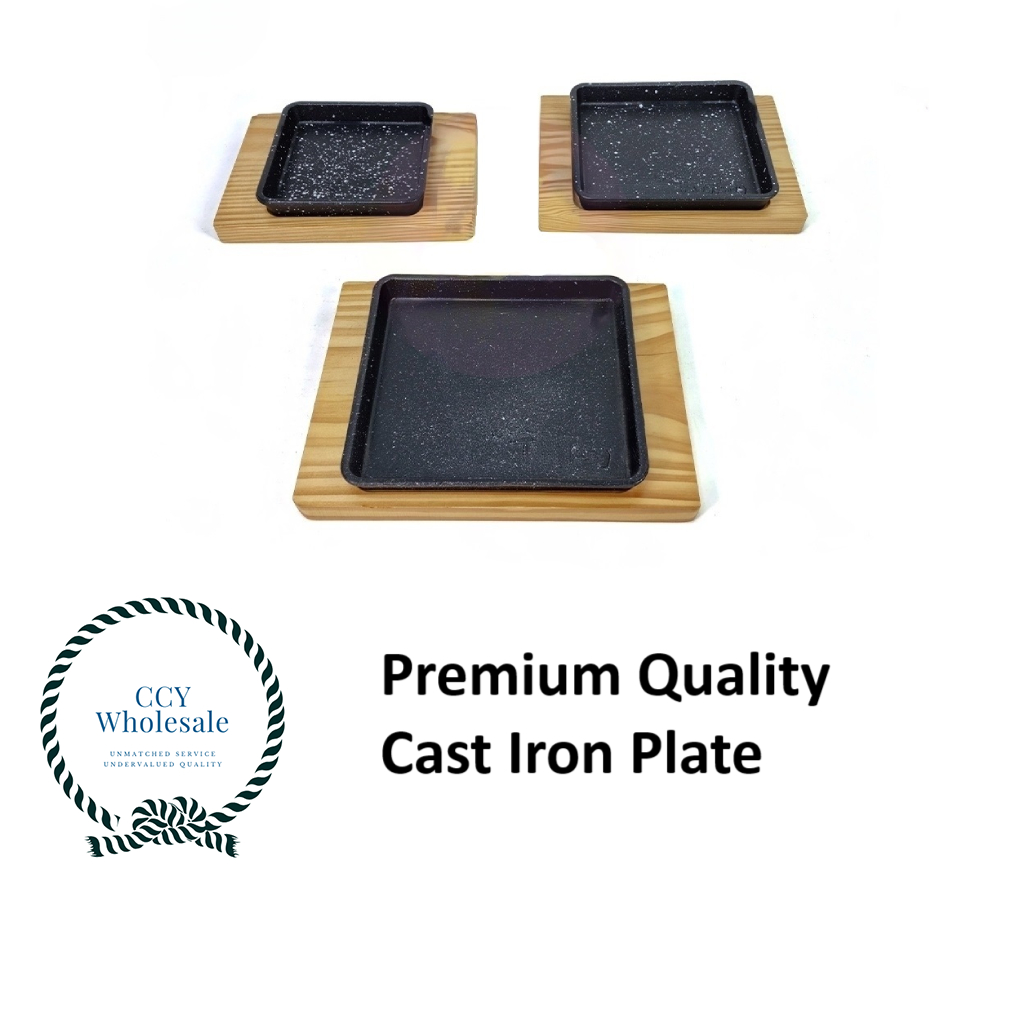 Cast Iron Sizzling Korean Square Hot Plate with Wooden Base 3 Sizes ...