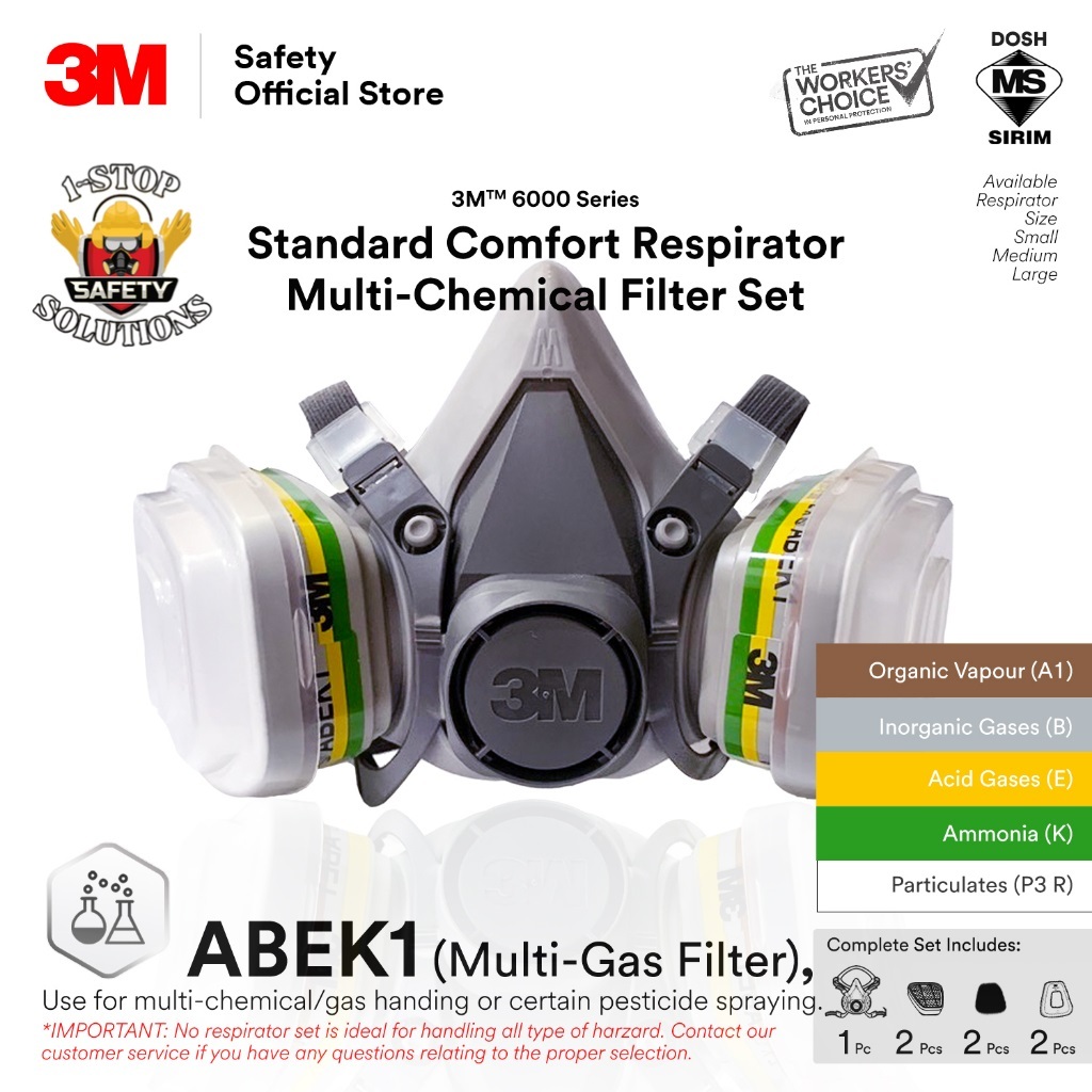 3M 6000 Series Set Half Facepiece Respirator Mask c/w Retainer, Particulate Filter, Multi Gas ...