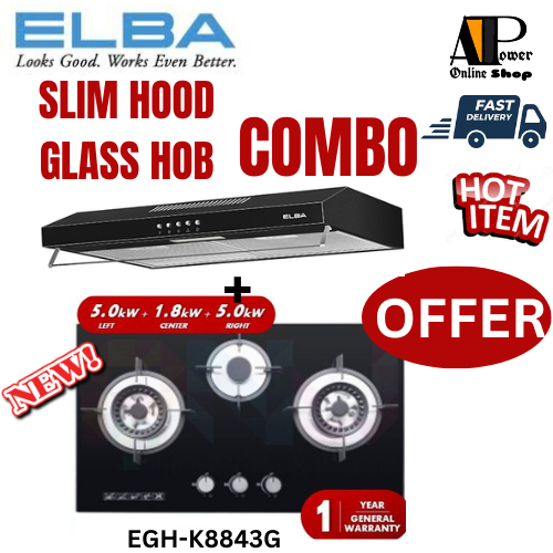 (AUTHORISED DEALER) Elba Cooker Hood ESH-M7598 (BK) 1140rpm + Elba Glass Hob 3 Burner EGH-K8843 ...
