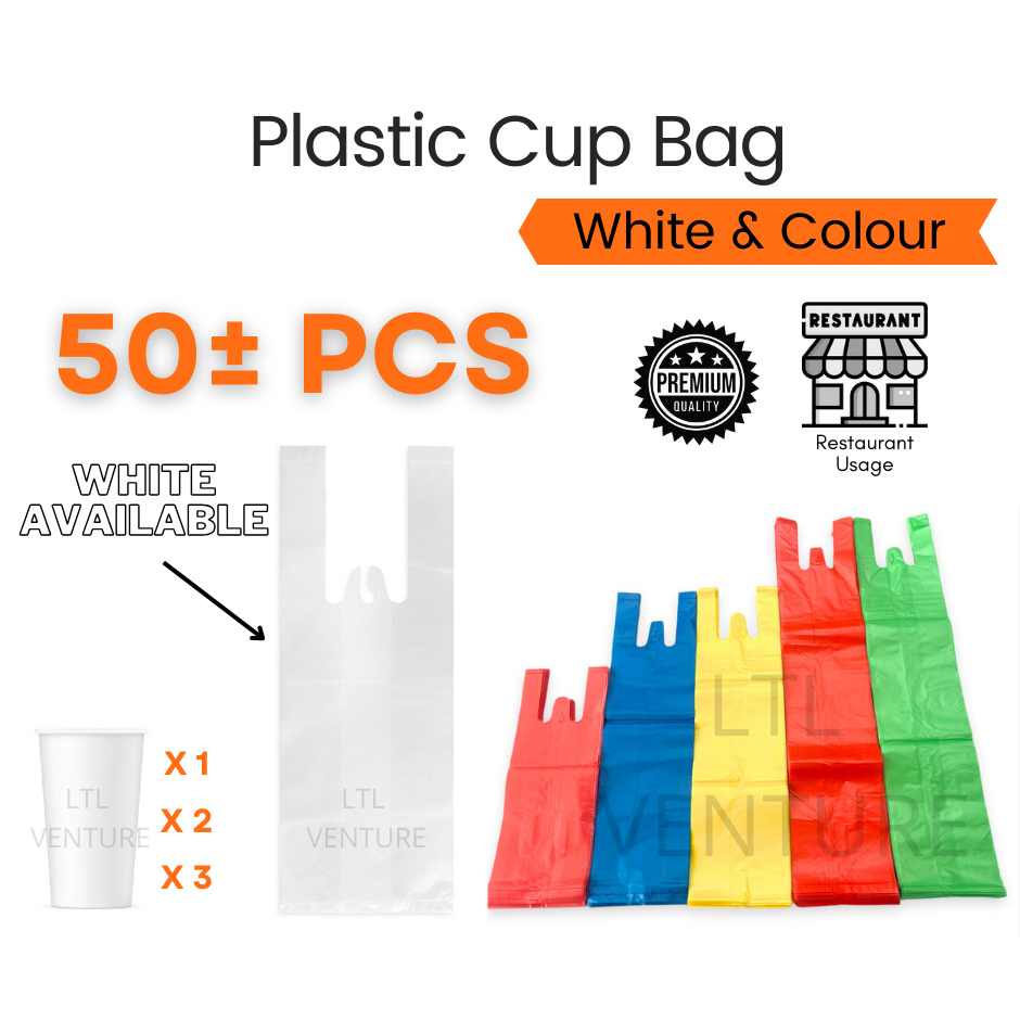 (50Pcs) White/Colour Plastic Cup Bag/Red/Blue/Yellow/Green/Beg Cawan ...