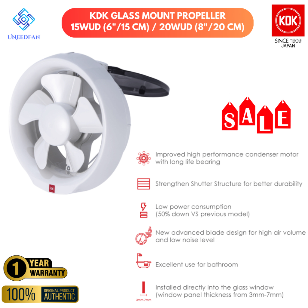 KDK 15WUD (15cm/6″) / 20WUD (20cm/8″) GLASS MOUNT PROPELLER EXHAUST ...