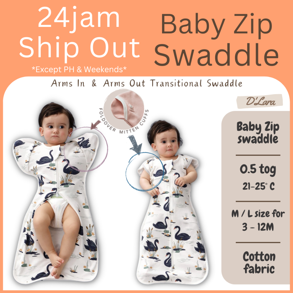 D'LARA Baby Zip Swaddle | 0.5 TOG Cotton | Large Size | Foldover Mitten ...