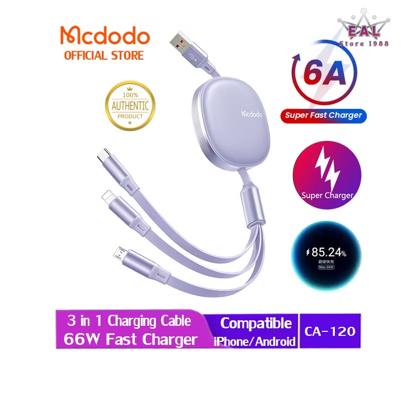 MCDODO CA 357 Sparkling 3 in 1 Retractable Charging Cable 1.2m Type C ...