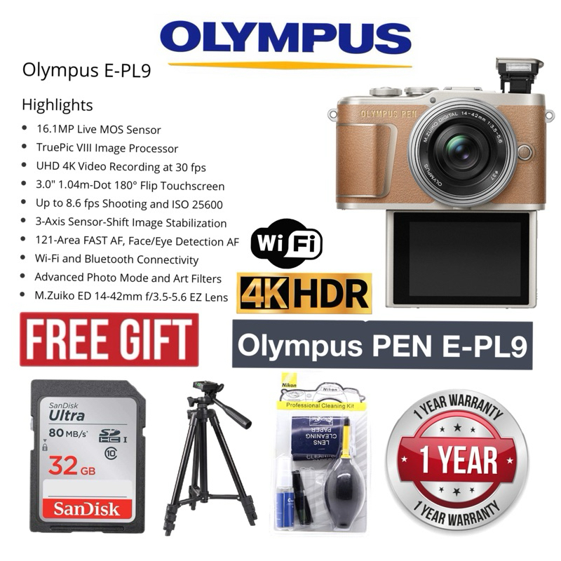 OLYMPUS PEN E-PL9 14-42mm WIFI 4K UHD FLIP SCREEN MIRROLESS CAMERA 121 AF FAST AUTOFOCUS (1 ...