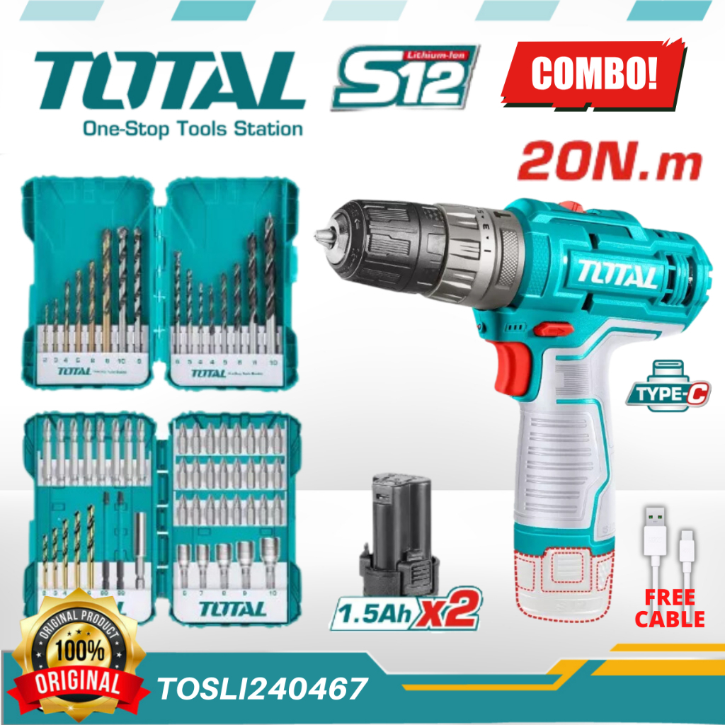 TOTAL TOSLI240467 S12 12V Li-ion Impact Drill with Drill Bits Set ...