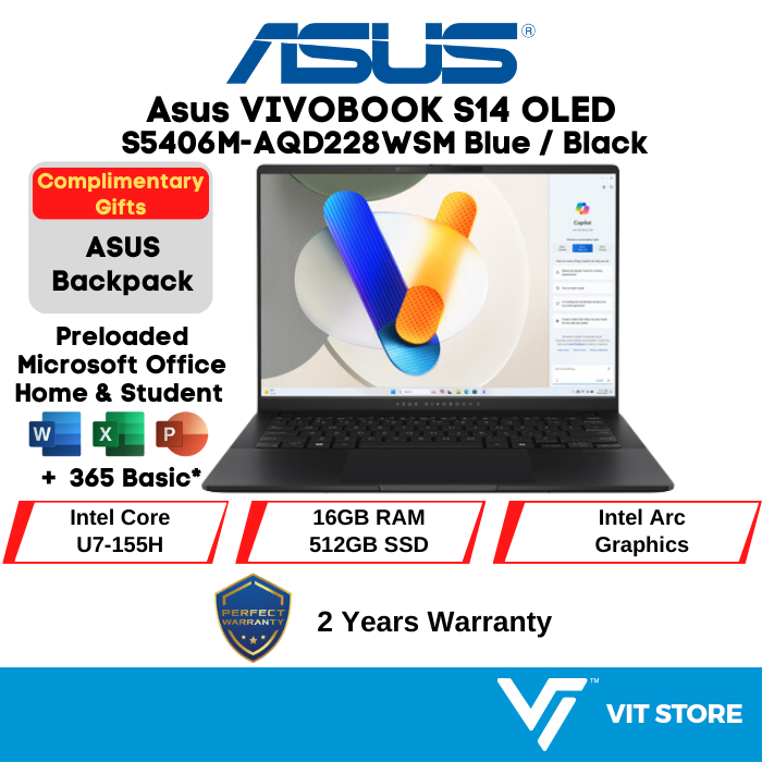 ASUS VIVOBOOK S14 OLED S5406M-AQD228WSM BIRU / Hitam U7-155H Intel Arc ...