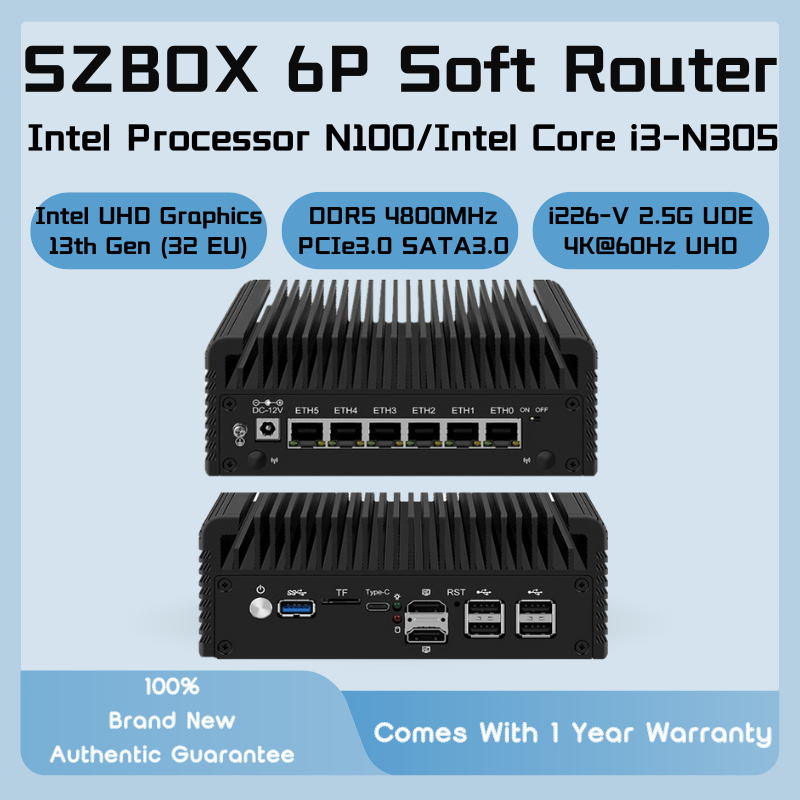 SZBOX 6P Soft Router Six Network PortsIntel N305/N100 Fanless DDR5 i226 ...