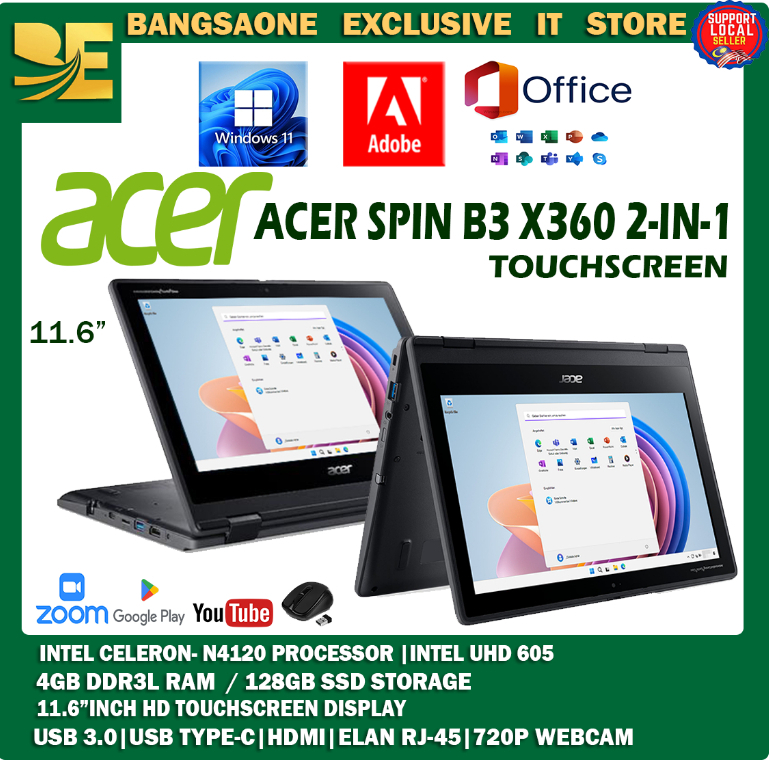 ACER SPIN B3 X360 2IN1 TOUCHSCREEN FLIP 360° /11.6"INCH DISPLAY / 4GB ...