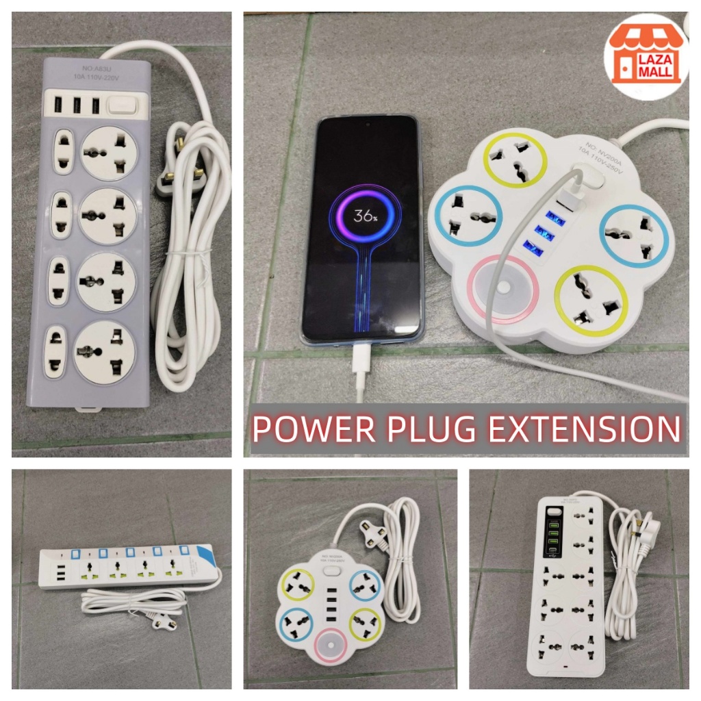 UNIVERSAL POWER PLUG EXTENSION SOCKET USB PORT FAST CHARGING LIGHT ...