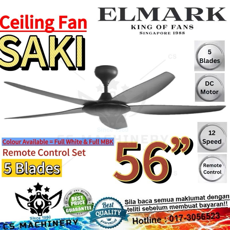 🔥 New Elmark Saki Ceiling Fan 56 inch Remote Control (DC Motor) 5 Blade ...