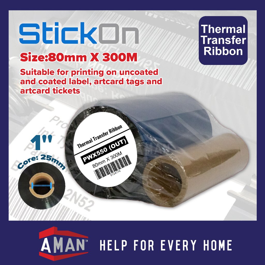 STICKON 80mm x 300M Wax Ribbon For Barcode Printer Face Out Thermal ...