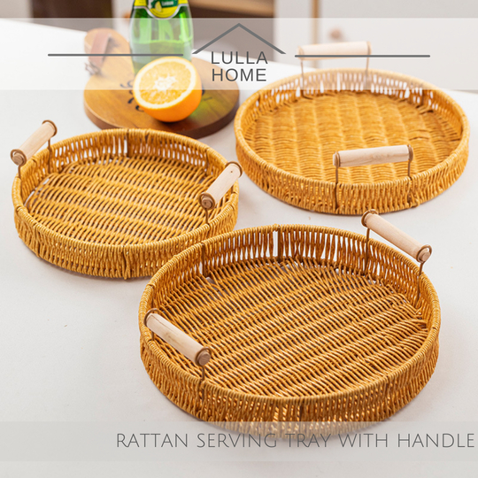 LullaHome Rattan Weaving Serving Tray Wicker Woven Bread Basket with ...