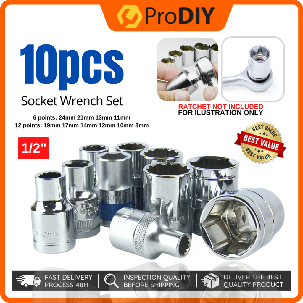 10pcs ( 8mm - 24mm ) 1/2 Inch Socket Wrench Set Impact Socket Set High ...