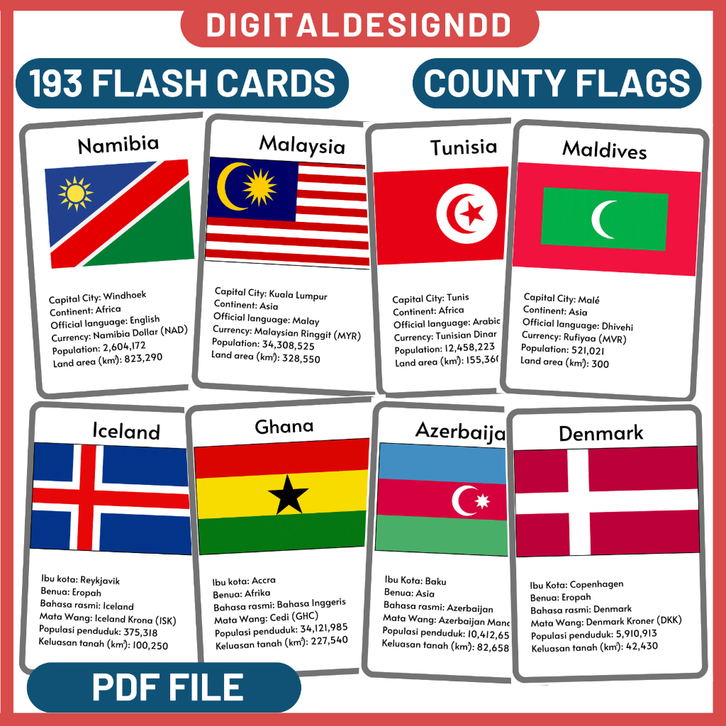 PDF Printable Country World Flags Flash Cards for kids Geography ...
