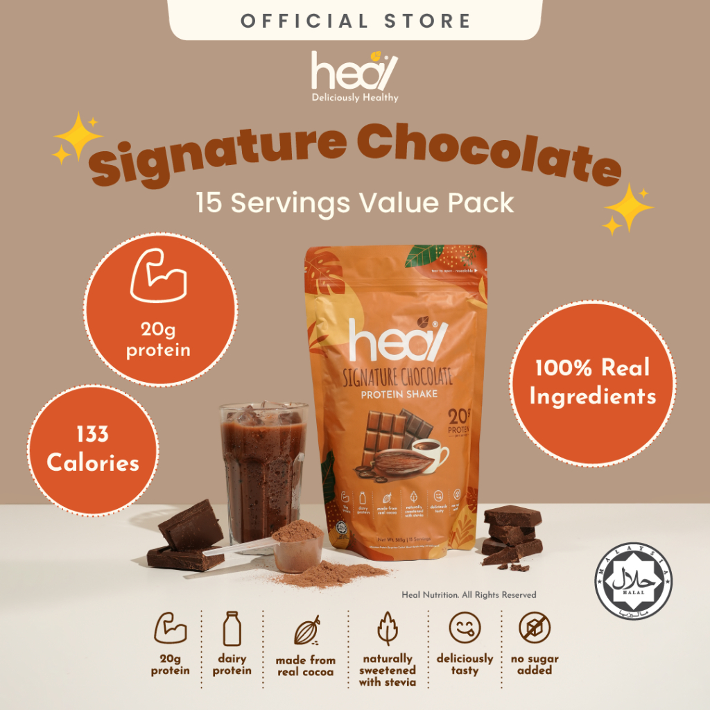 Heal Signature Chocolate Whey Protein Shake Dairy Based Powder (585g - 15 Servings) - HALAL ...