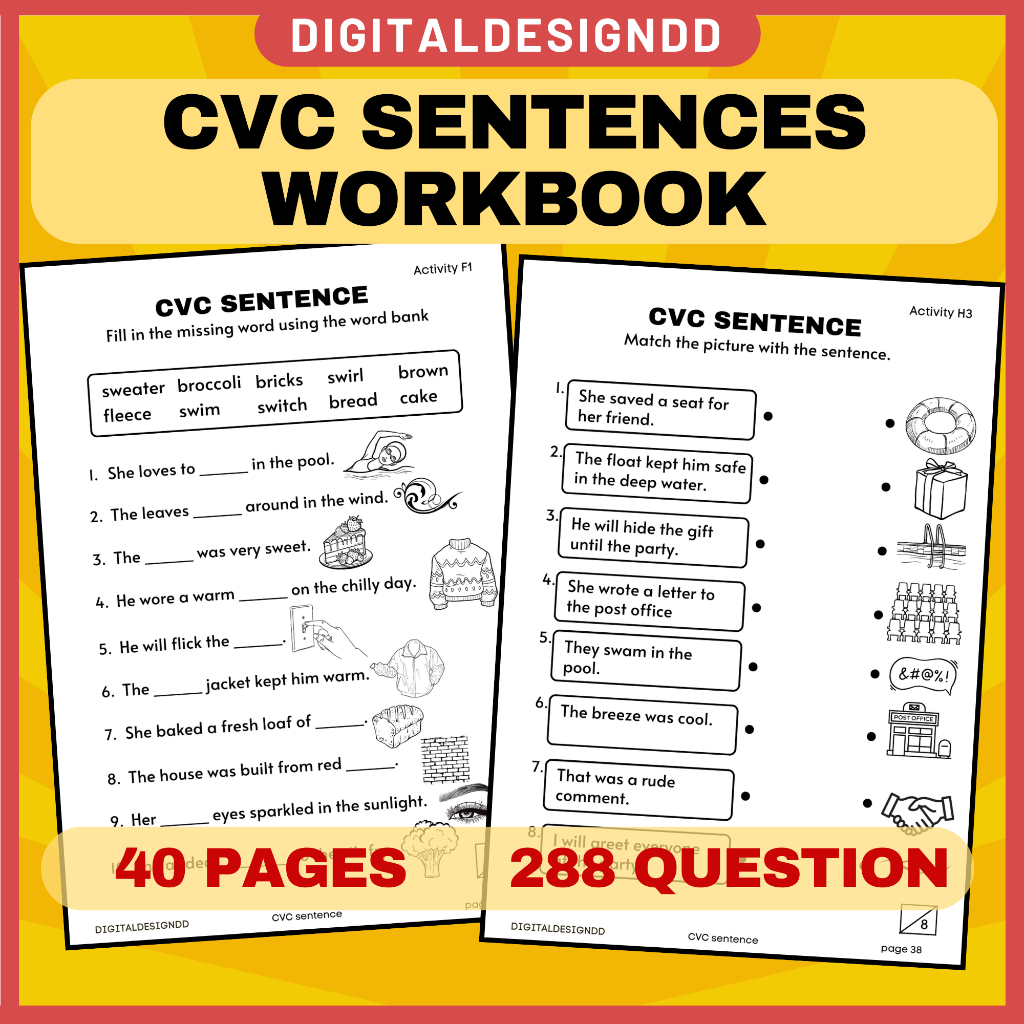 PDF CVC Simple Sentence Worksheet for Kids, CVC Reading simple CVC ...