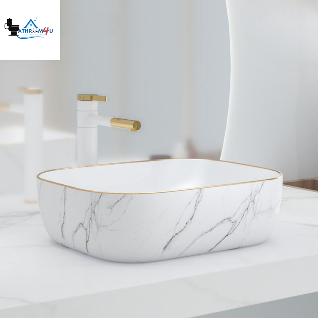 [BATHROOM4U] White Marble Pattern Ceramic Wash Basin with Gold Rim Edge ...