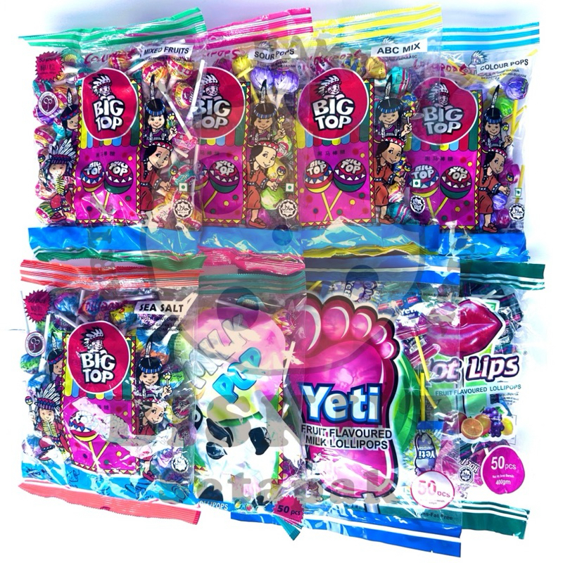 BIG TOP LOLLIPOP GULA GULA CANDY 50 PCS MIXED FRUITS - SOUR POPS - ABC MIX - YETI - HOT LIPS ...