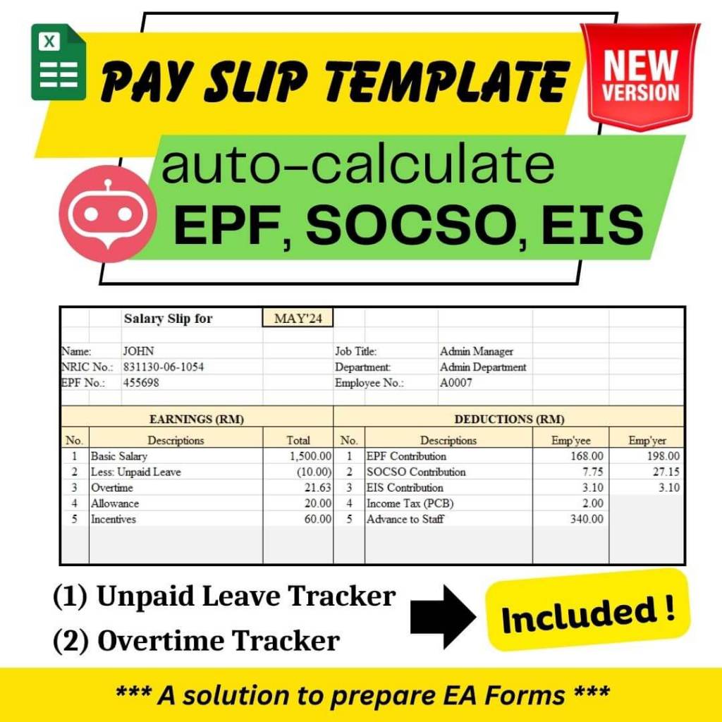 Payslip Template + Overtime + Unpaid Leave Trackers, Auto-fill EPF ...