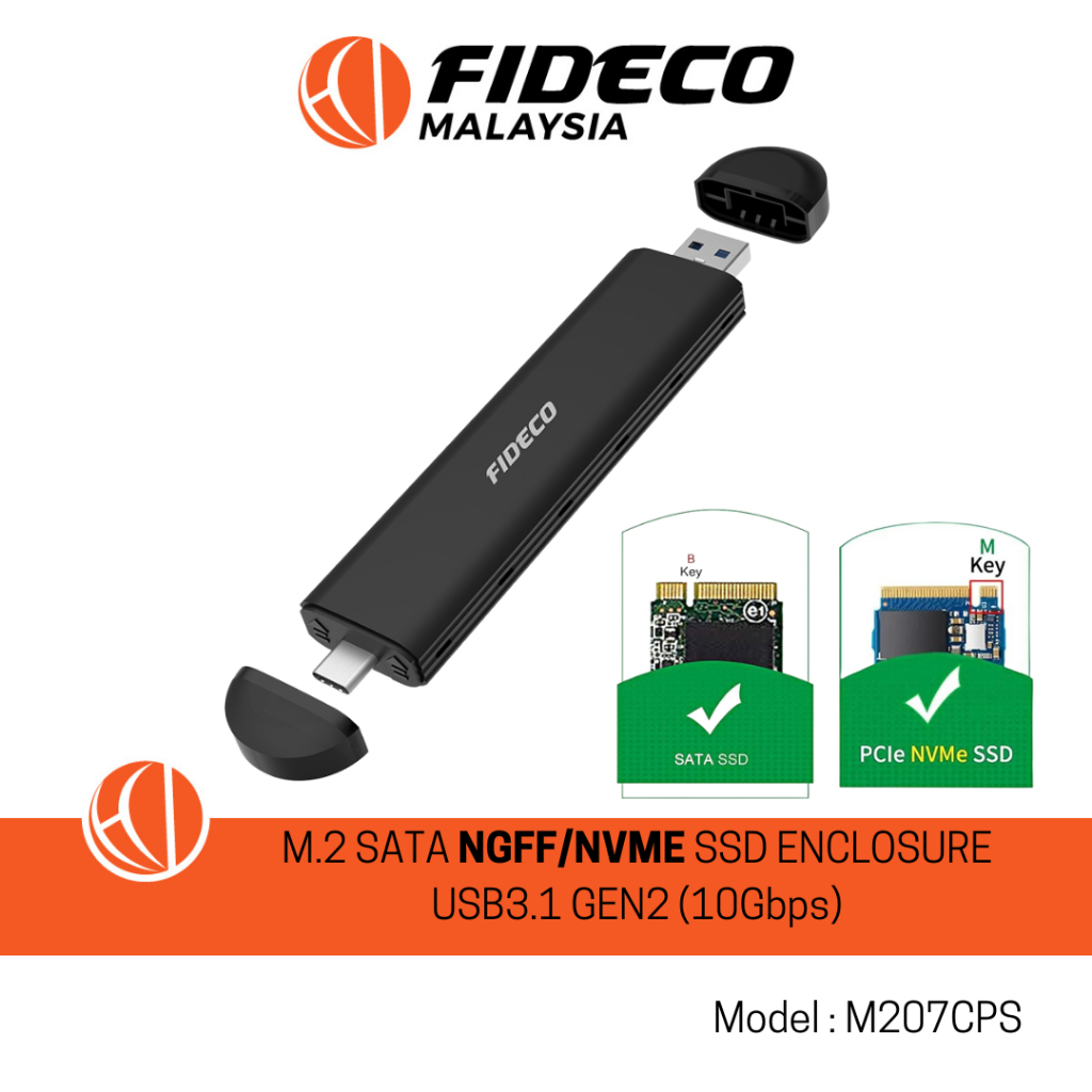 FIDECO M207 M.2 SATA NGFF/NVME SSD ENCLOSURE USB3.1 GEN2 (10Gbps ...