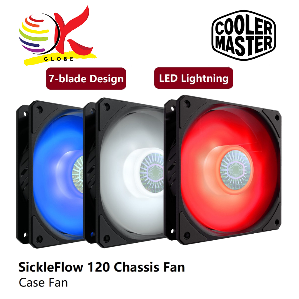 COOLER MASTER SICKLEFLOW 120 CASE FAN 7 BLADE DESIGN WITH LED LIGHTNING ...