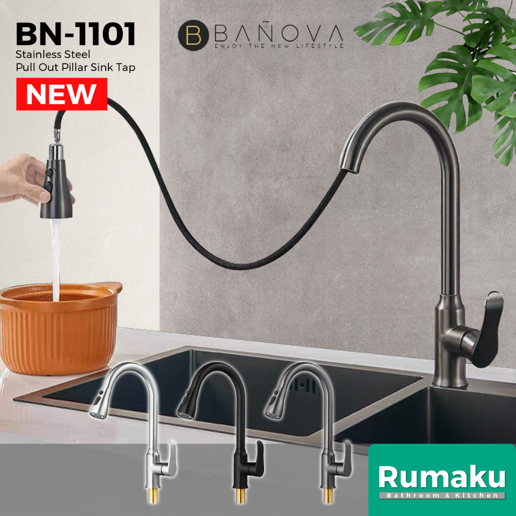 BANOVA SUS 304 Stainless Steel Pull Out Mixer Pillar Kitchen Sink Tap ...