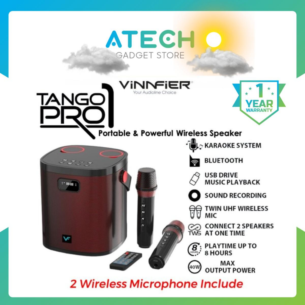 Vinnfier Tango Pro 1 Bluetooth Portable Karaoke Speaker with 2 Wireless Microphone TWS USB Drive ...