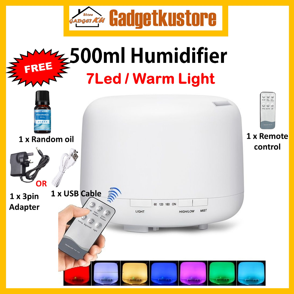 [FREE OIL] 500ML LED Air Humidifier (With Remote)3pin Adapter/USB Cable ...