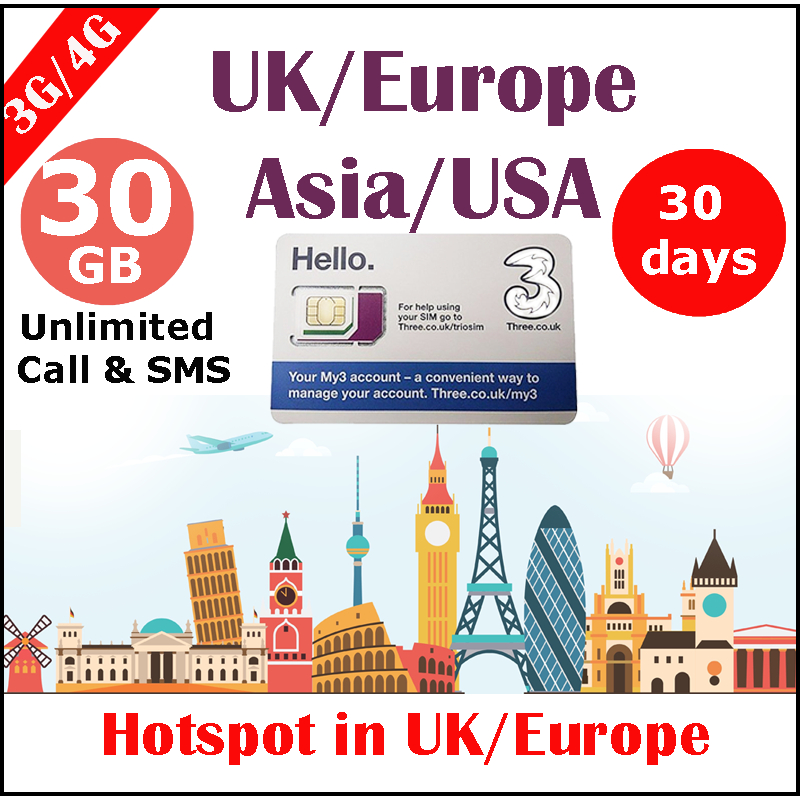 Europe USA HK SG UK World THREE Travel Sim Card 30GB Data + Unlimited ...
