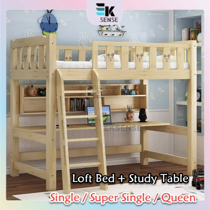 Solid Wood Loft Bed Frame with Desk Adult / Kids Under Bed Table Bunk ...