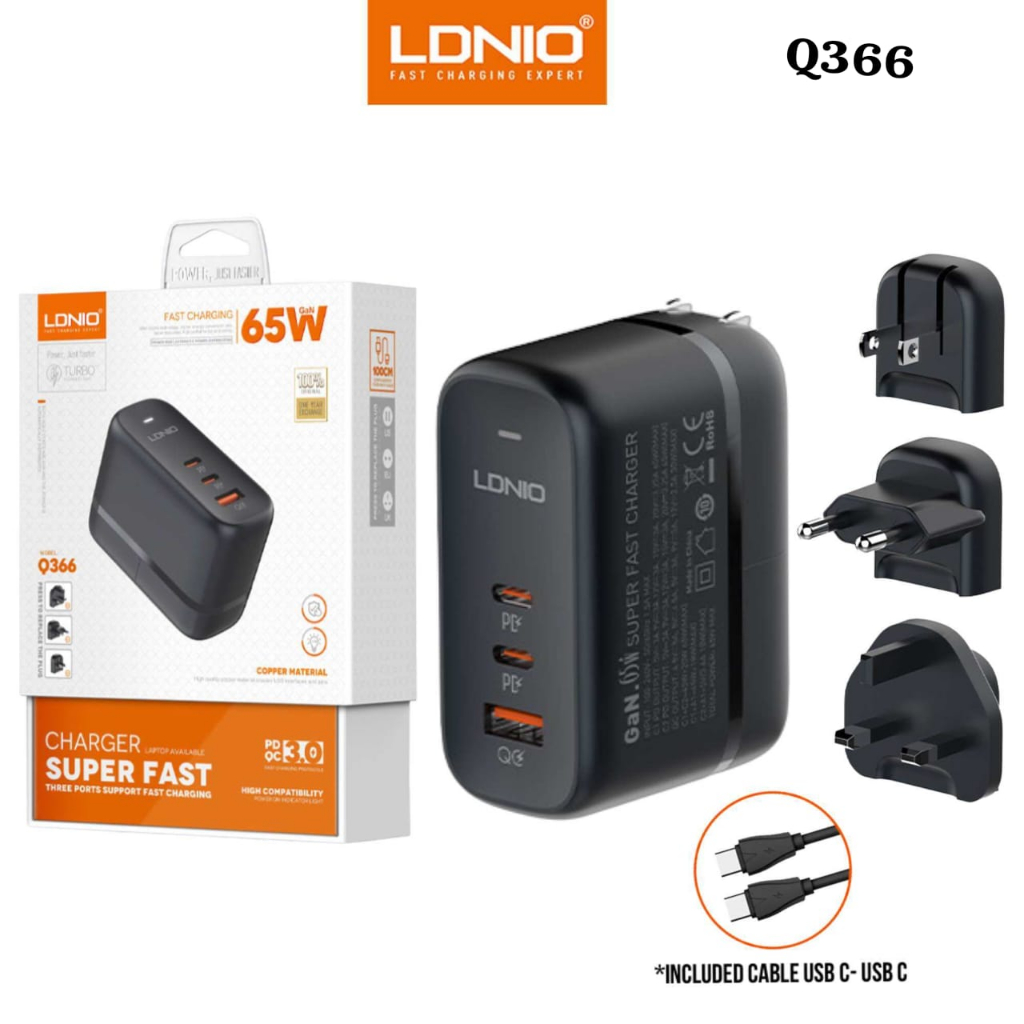 LDNIO Q366 3 Ports 65W GaN Super Fast Charger With Cable | Shopee Malaysia
