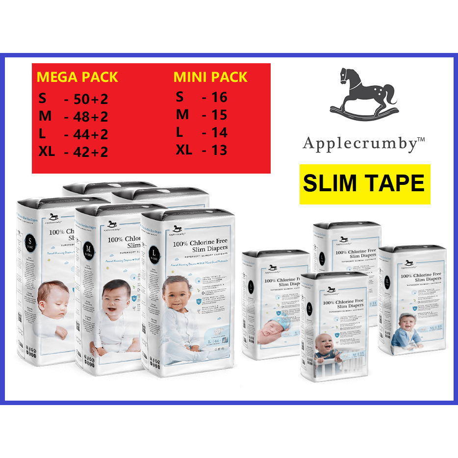 Applecrumby Chlorine Free SlimDry EasyDay Tape Diapers （S/M/L/XL) MEGA ...