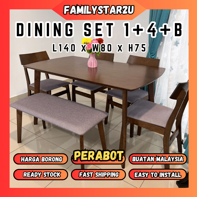 9311 Scandinavian Wood White Wash or Walnut Dining Set 1+4+Bench / Meja ...