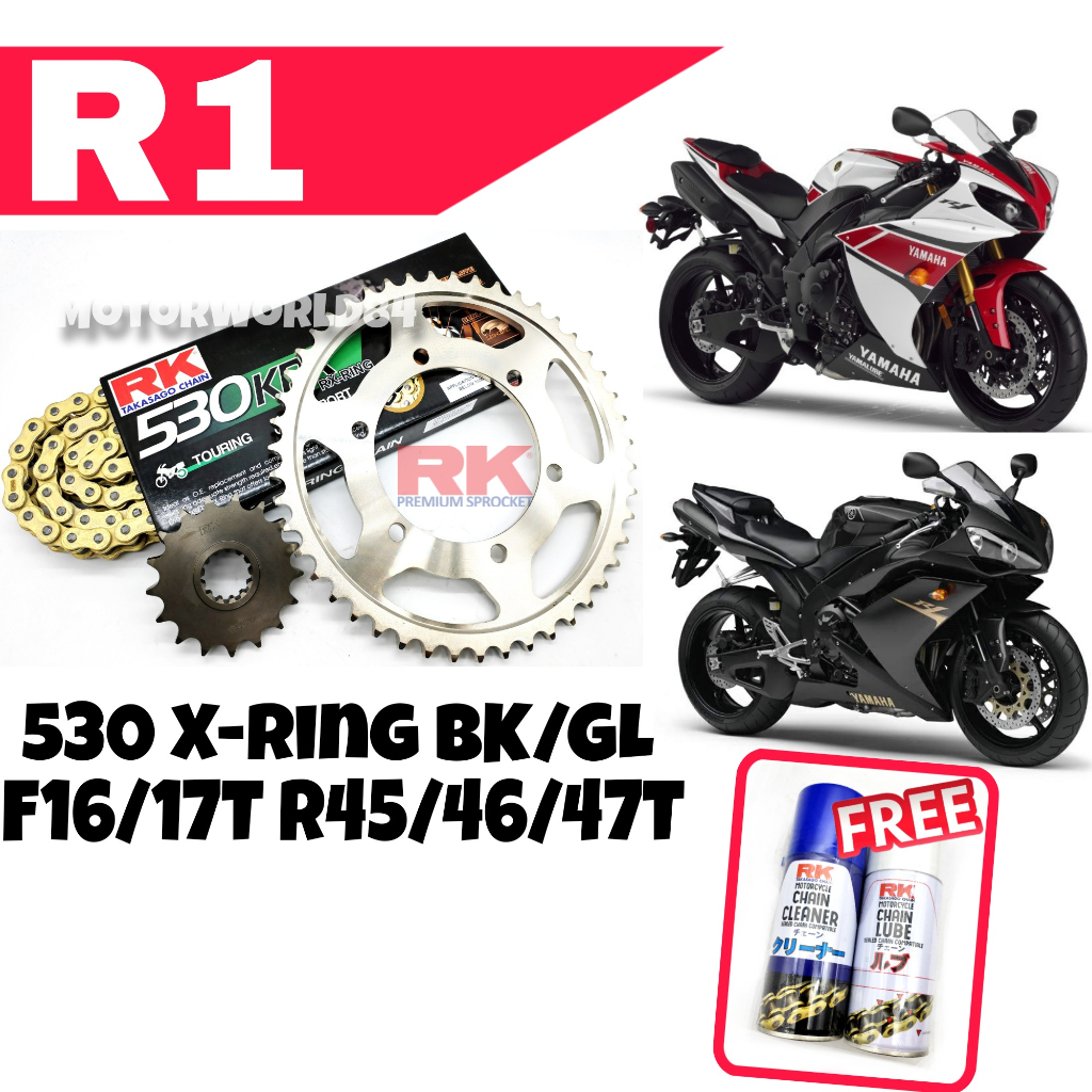 RK SPROCKET SET YAMAHA R1 530 RK KRX X-RING RIVET BLACK/GOLD CHAIN F16T/17T R45T/46T/47T FOC ...