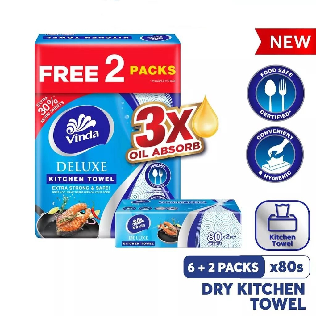 Vinda Deluxe Dry Kitchen Towel (3 x 80s)/(6+2x80s) Vinda Tisu Dapur Kering | Shopee Malaysia
