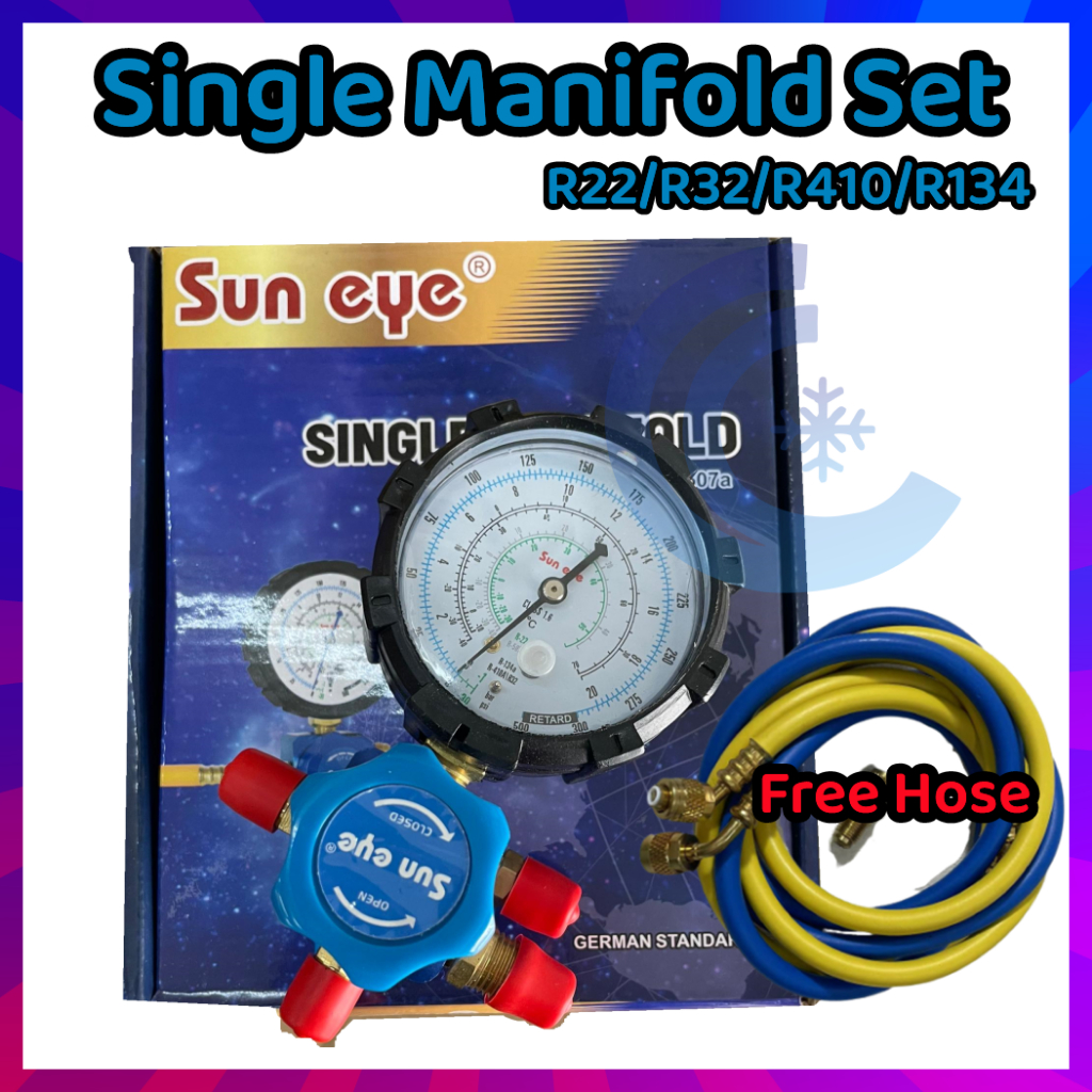 Sun Eye Single Manifold Set Aluminium Body Low Blue R410A R32 R22 R134A R507A With Hose | Shopee ...