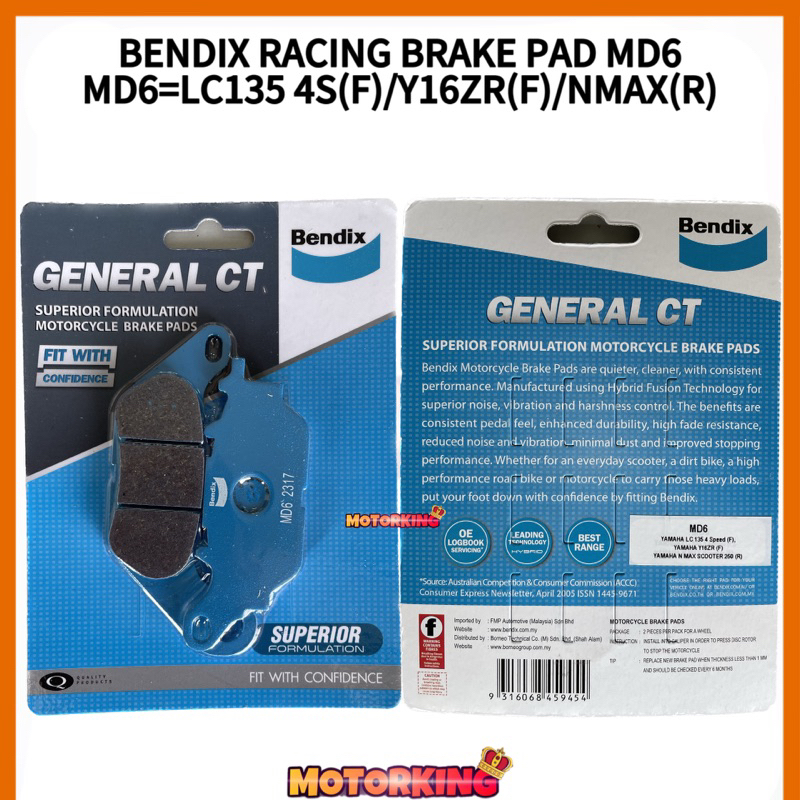 BENDIX RACING BRAKE PAD MD6 YAMAHA LC135 4S FRONT Y16ZR FRONT NMAX REAR ...