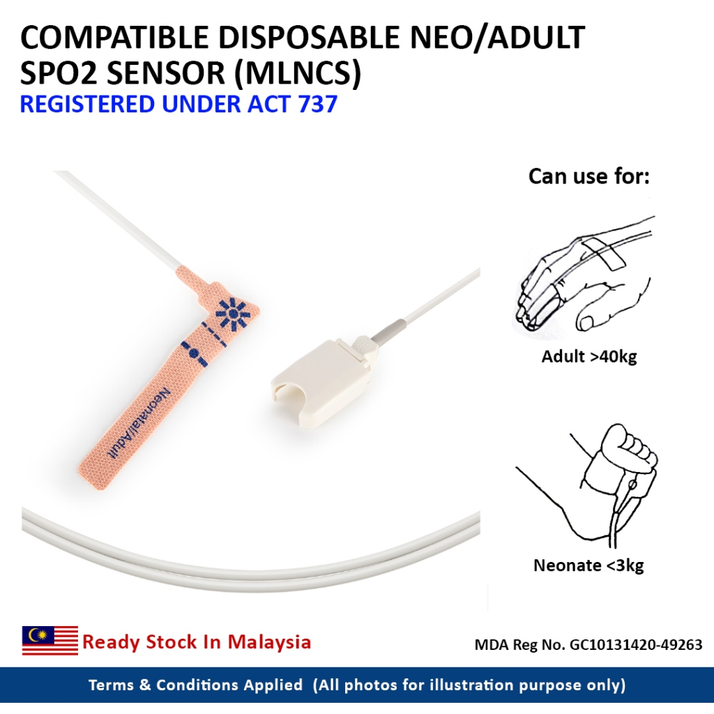 [𝐌𝐃𝐀 𝐀𝐏𝐏𝐑𝐎𝐕𝐄𝐃] Compatible Disposable Neo/Adult SpO2 Sensor MLNCS (1pcs ...