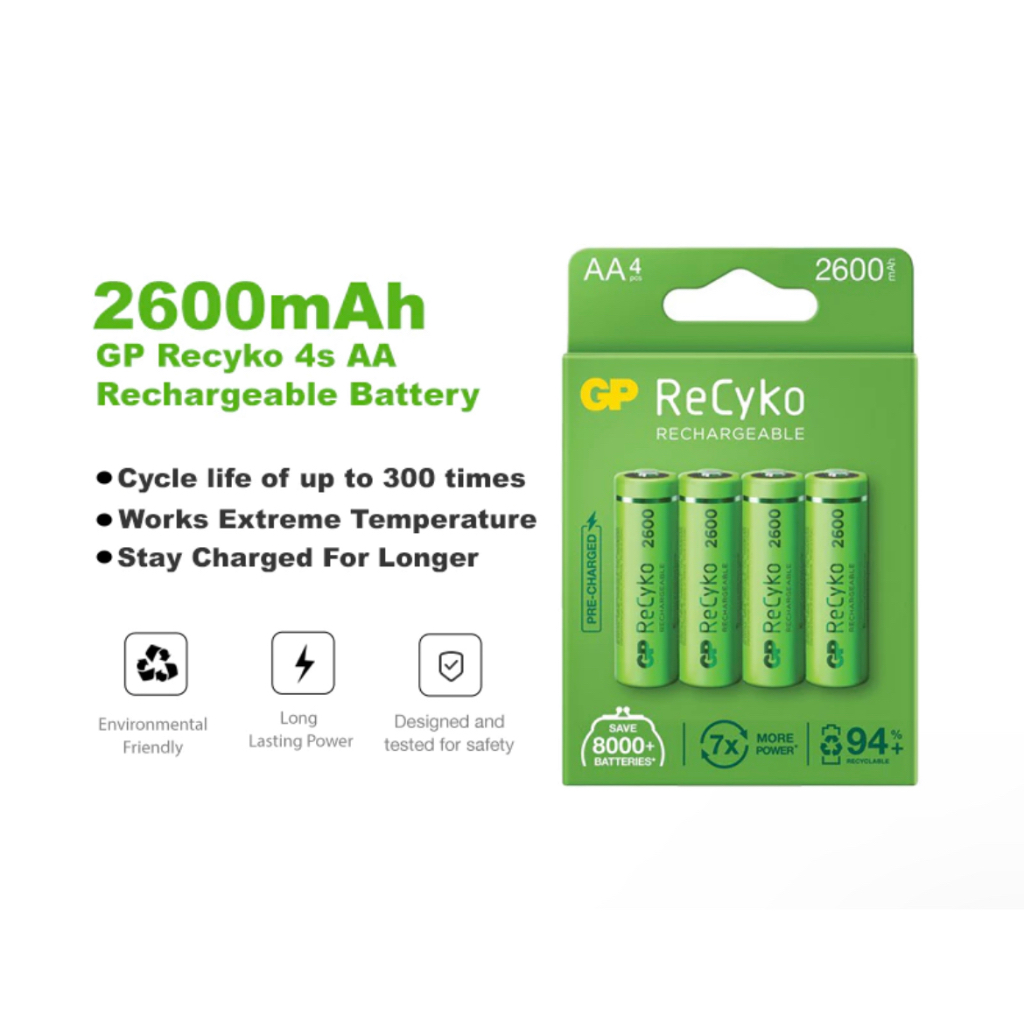 GP ReCyko Rechargeable Batteries AA GP270AAHCE-2WB4 (2600mAh x 4/Pack ...