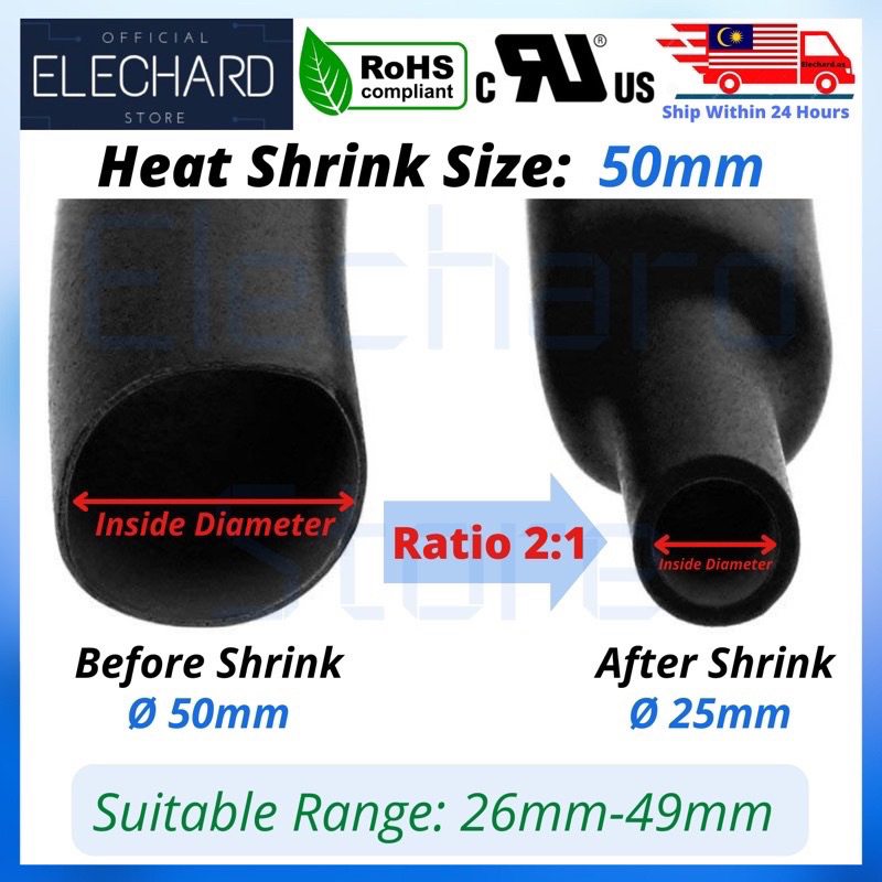 0.8mm-50mm Heat Shrink Tube Heat Shrinkable Sleeving Black Color ...