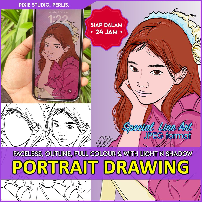 Portrait Drawing | Pixie Line Art style | Lukisan Potret cantik & murah ...
