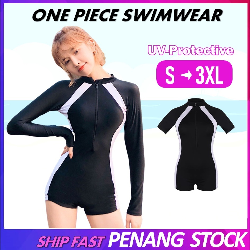 #117 One Piece Women Short Pants Long Sleeve Swimsuits Swimwear Baju ...