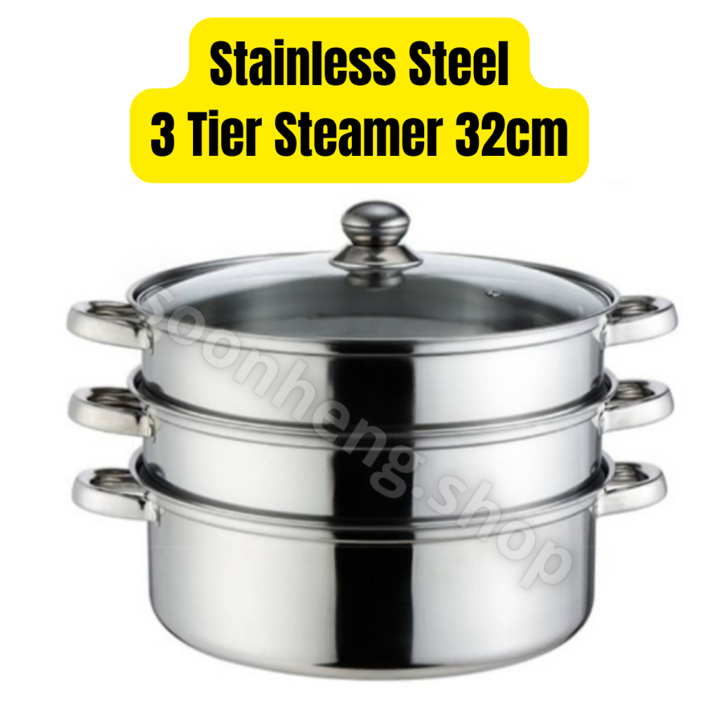 Steamer 3 layer Glass Lid 32/ 34 cm 3 Tier Periuk Kukus 3 Tingkat Besar ...