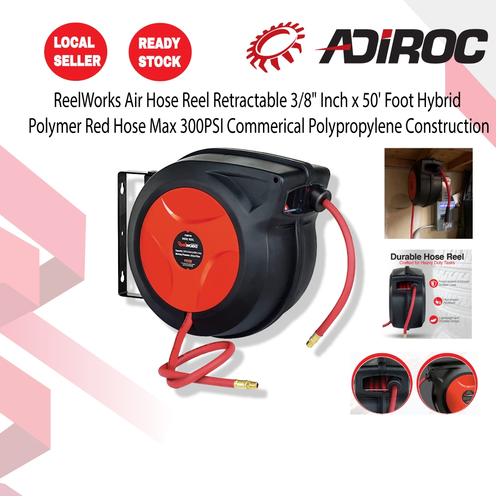ReelWorks Air Hose Reel Retractable 3/8" Inch x 50' Foot Hybrid Polymer ...