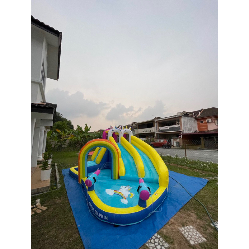 Unicorn Happy Birthday Pool Doctor Dolphin Water Slide Kids Inflatable ...