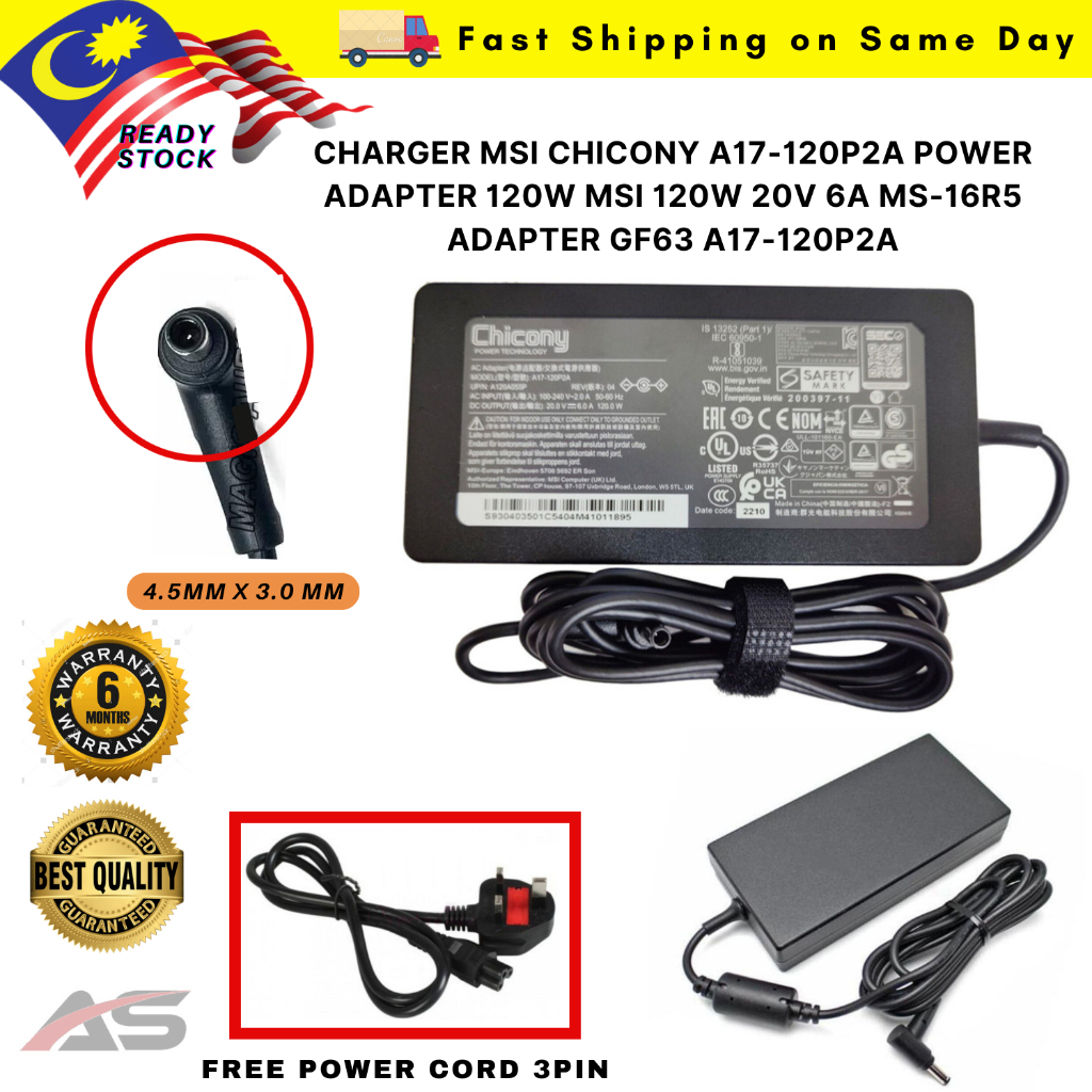 Chicony A17-120P2A Power Adapter 120W MSI 120W 20V 6A MS-16R5 Adapter Charger MSI GF63 A17 ...