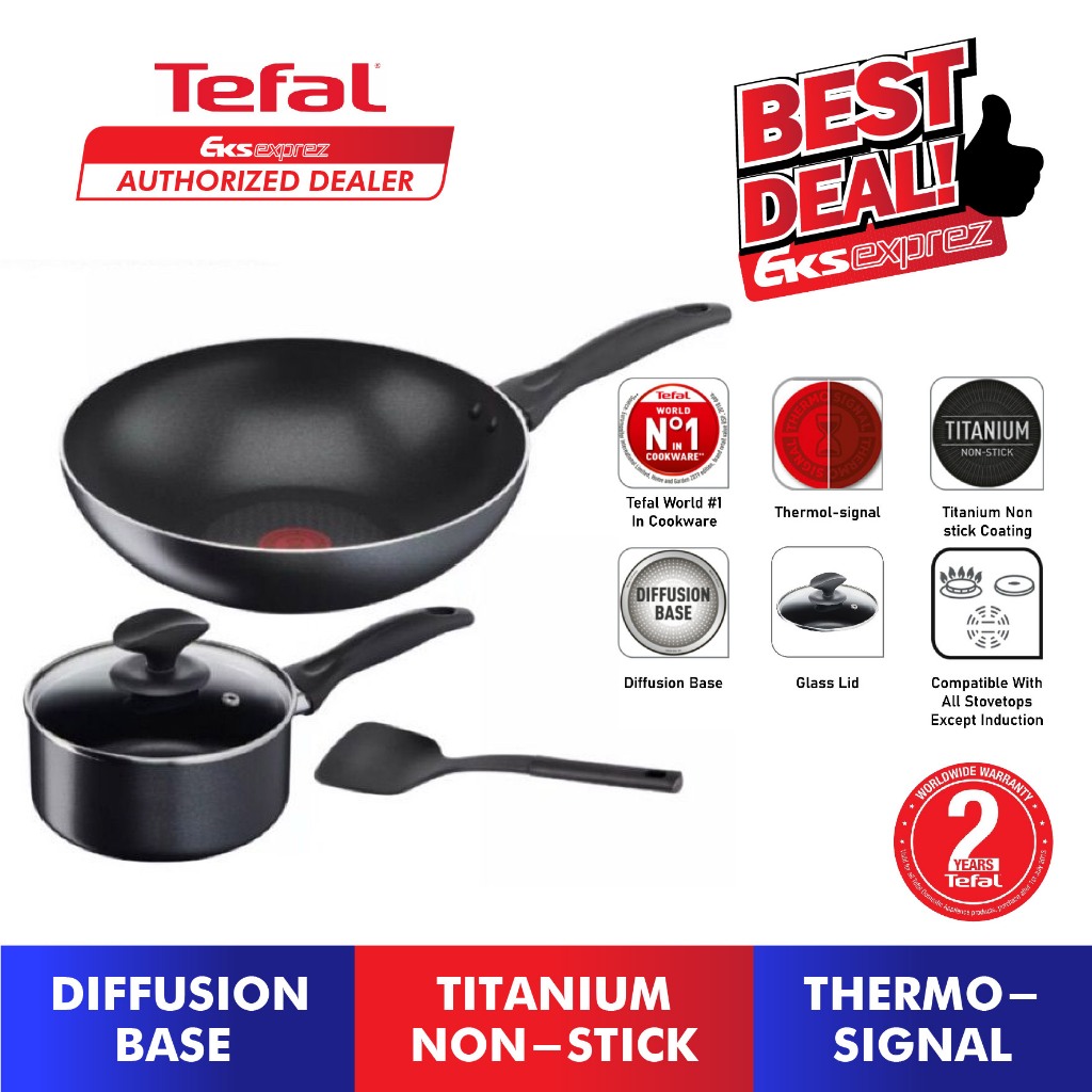 Tefal Cook & Clean Non Stick Cookware Set - Wokpan + Saucepan + Lid + Spatula B225S4 / B225S405 ...