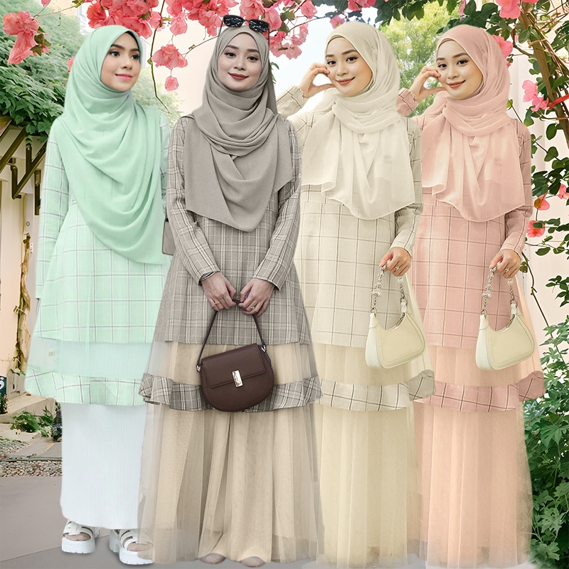 Baju Kurung Moden Plaid Peplum Baju Kebarung Mesh Kurung Jubah Muslimah ...