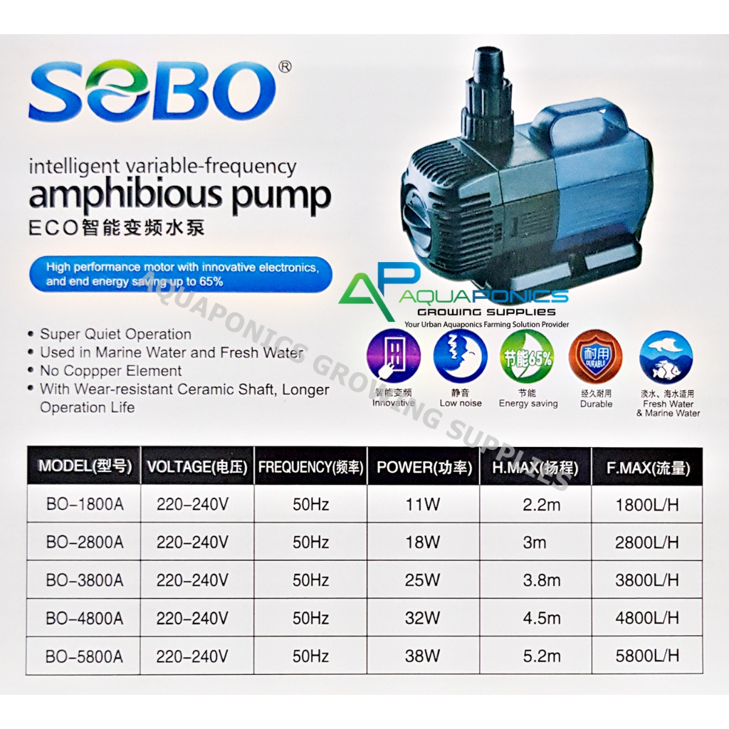 SOBO Amphibious Aquarium Eco Pond Water Pump BO-1800A BO-2000A BO-2800A BO-4800A BO-5800A BO ...